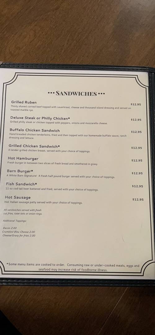 Menu at Whitebarn Supper Club, Dunlevy