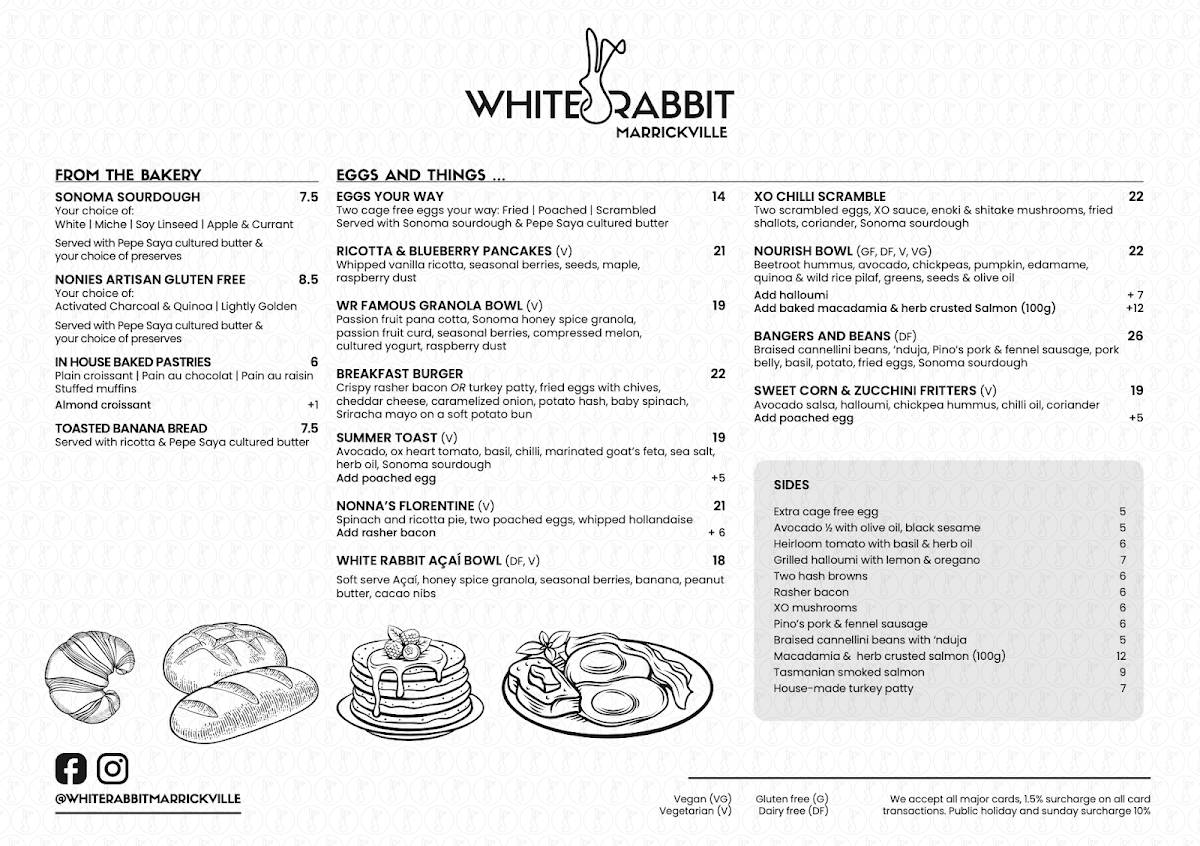 Menu at White Rabbit Marrickville cafe, Marrickville