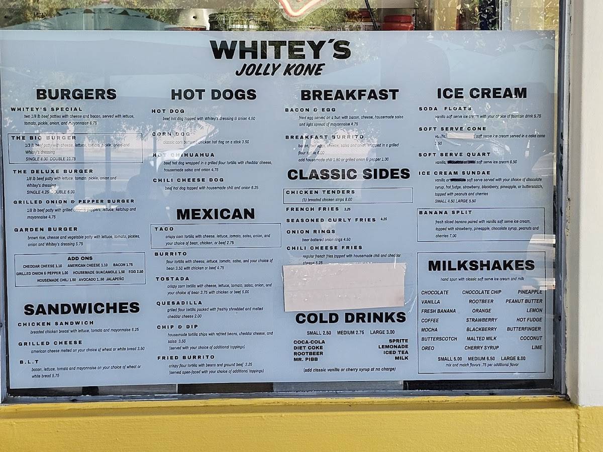 Menu at Whitey's Jolly Kone fast food, West Sacramento