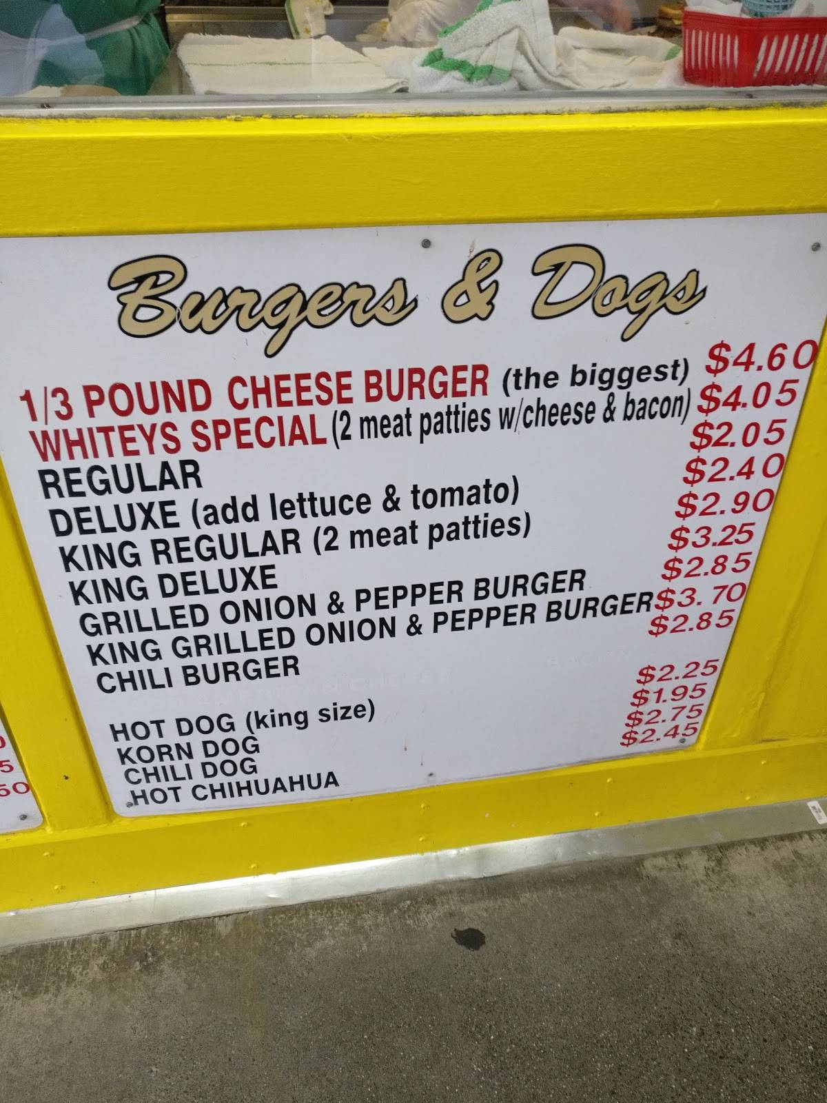 Menu at Whitey's Jolly Kone fast food, West Sacramento
