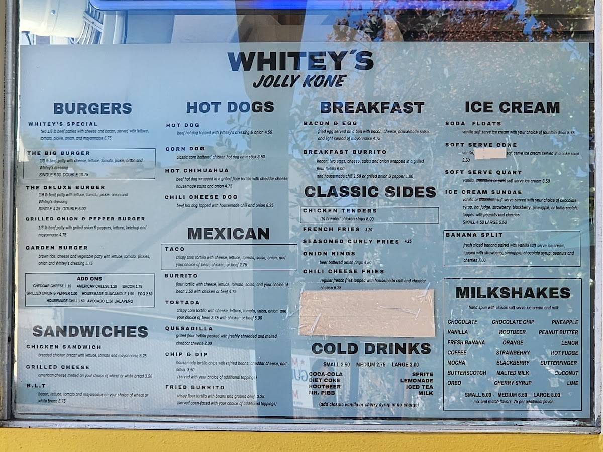 Menu at Whitey's Jolly Kone fast food, West Sacramento