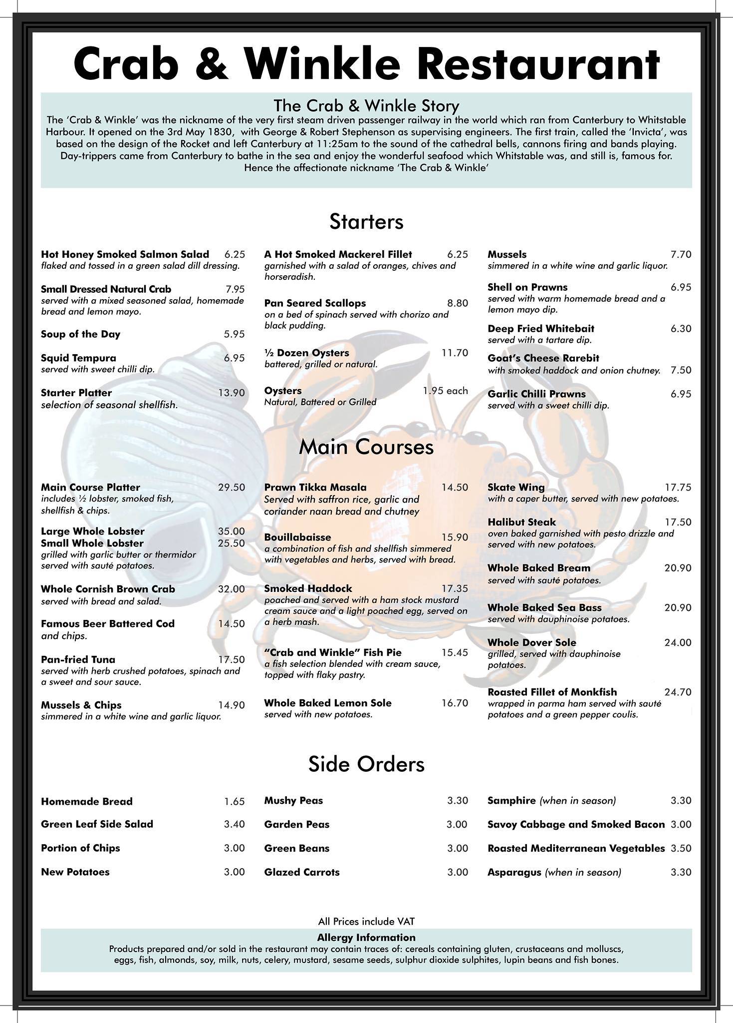 Menu at Crab & Winkle restaurant, Whitstable, South Quay