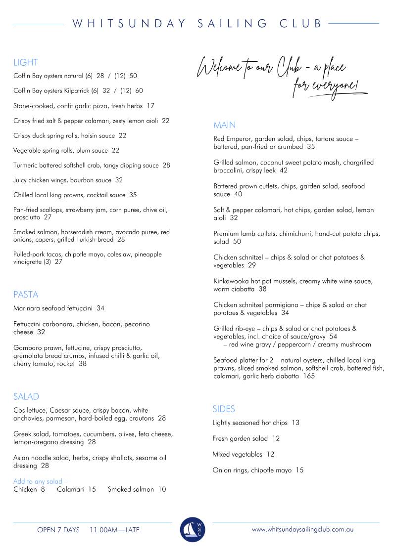 Menu at Whitsunday Sailing Club, Airlie Beach, 11 Ocean Rd