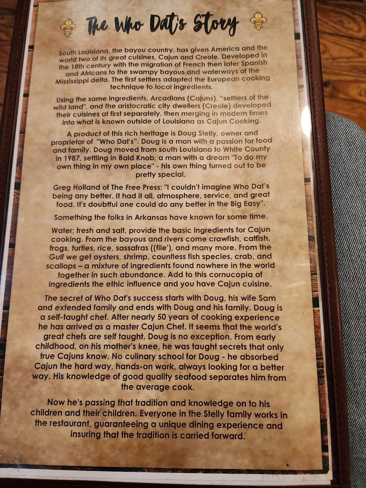 Menu at Who Dat's Cajun Restaurant, Bald Knob