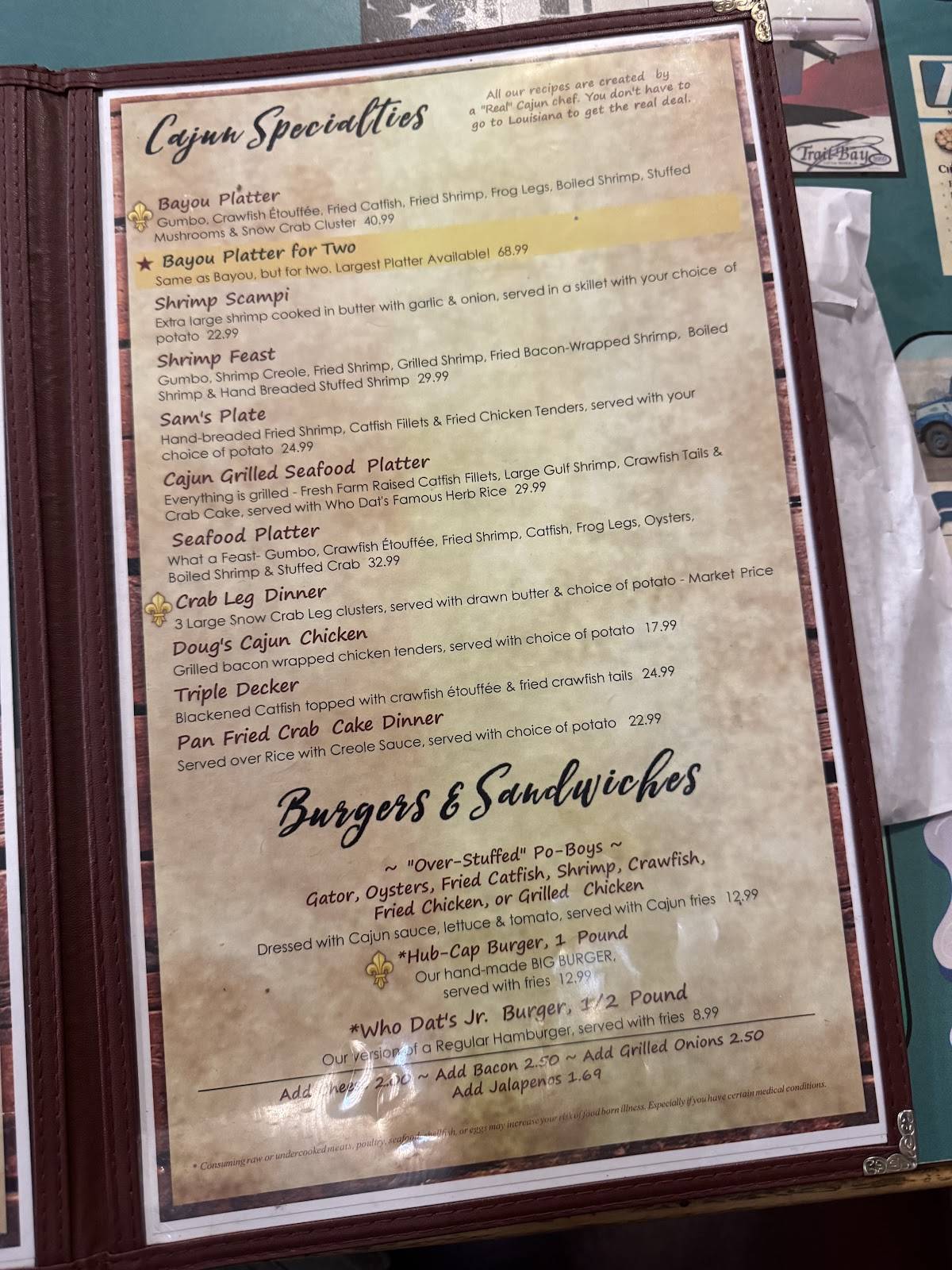 Menu at Who Dat's Cajun Restaurant, Bald Knob