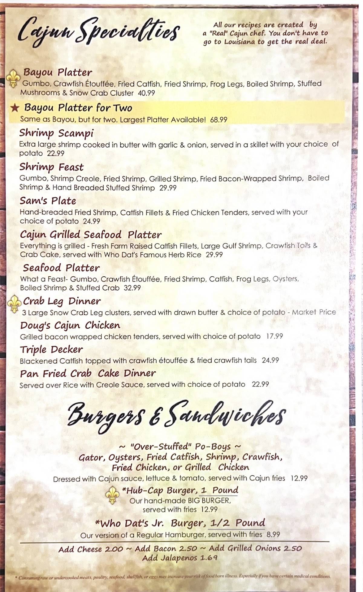 Menu at Who Dat's Cajun Restaurant, Bald Knob