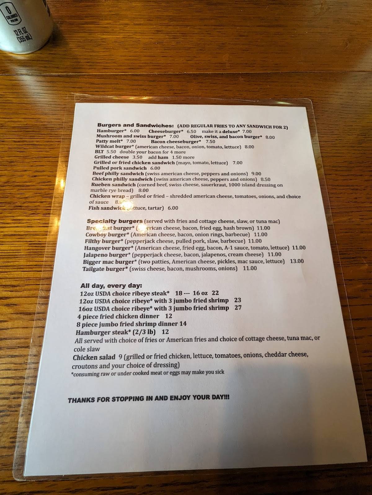 Menu at Wild Cat Mountain Bar & Grill, Ontario