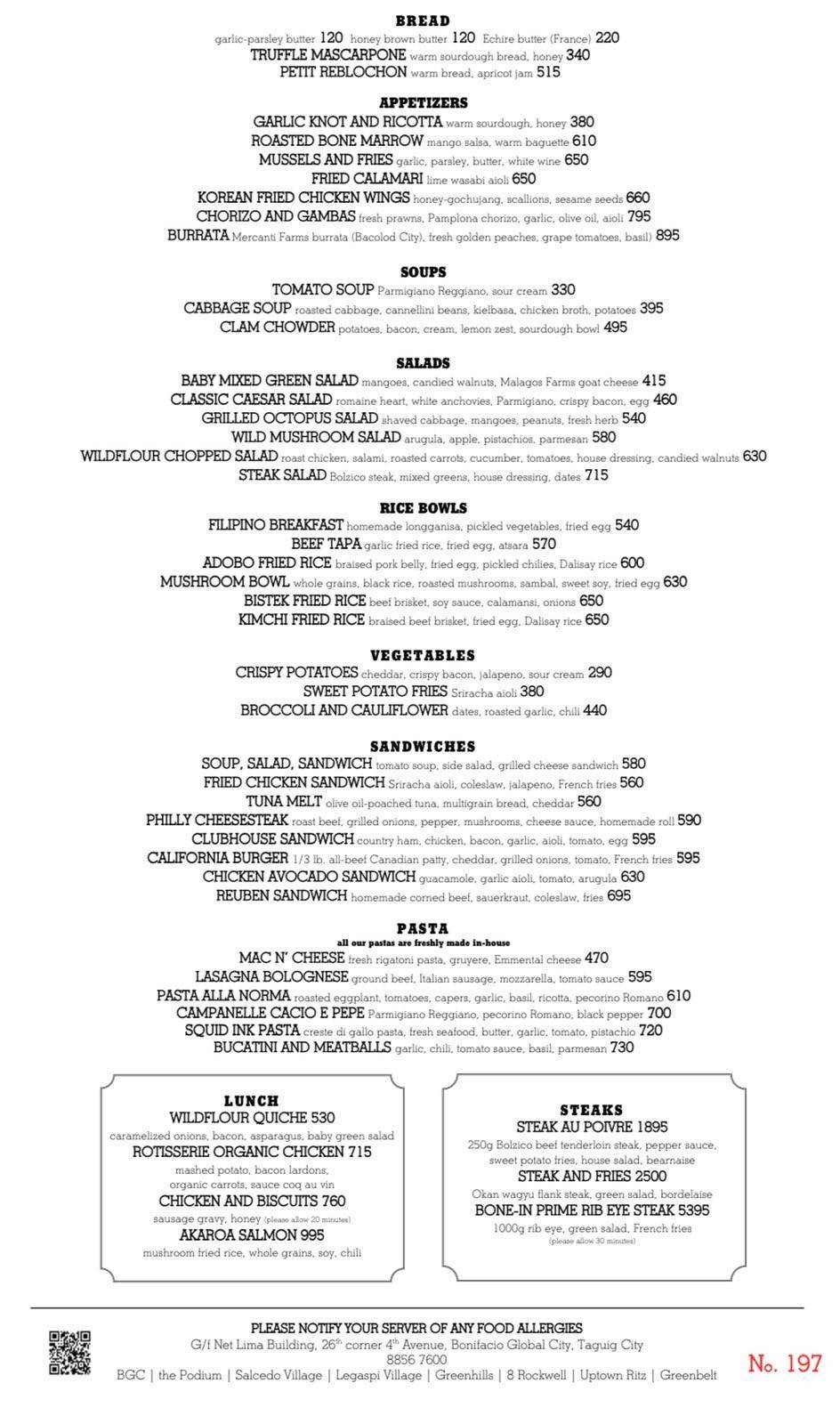 Menu at Wildflour Italian desserts, Taguig, 32nd St