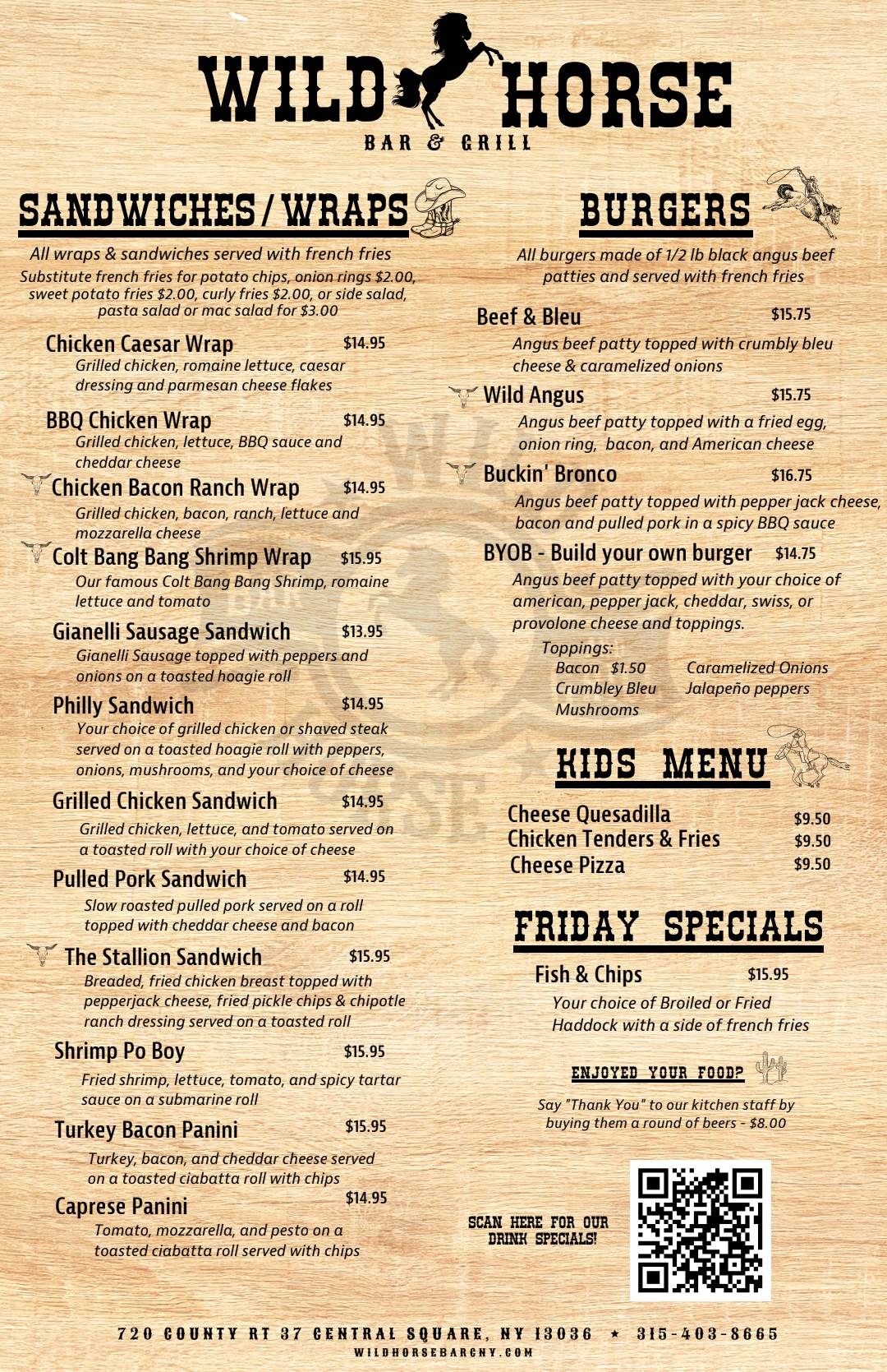 Menu at Wild Horse Bar and Grill, Brewerton