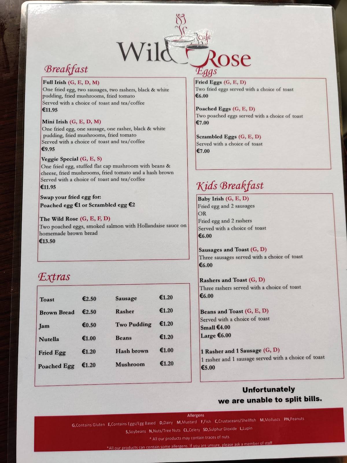 Menu at Wild Rose Cafe, Ireland, Melrose 8 Main Street