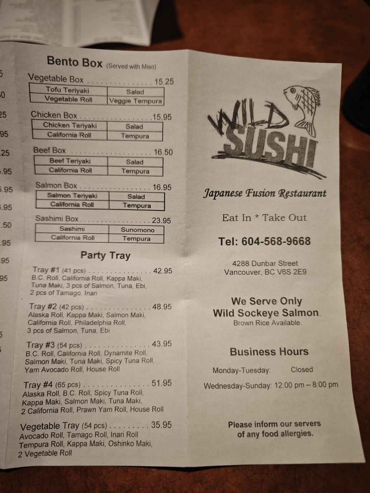Menu at Wild Sushi restaurant, Vancouver