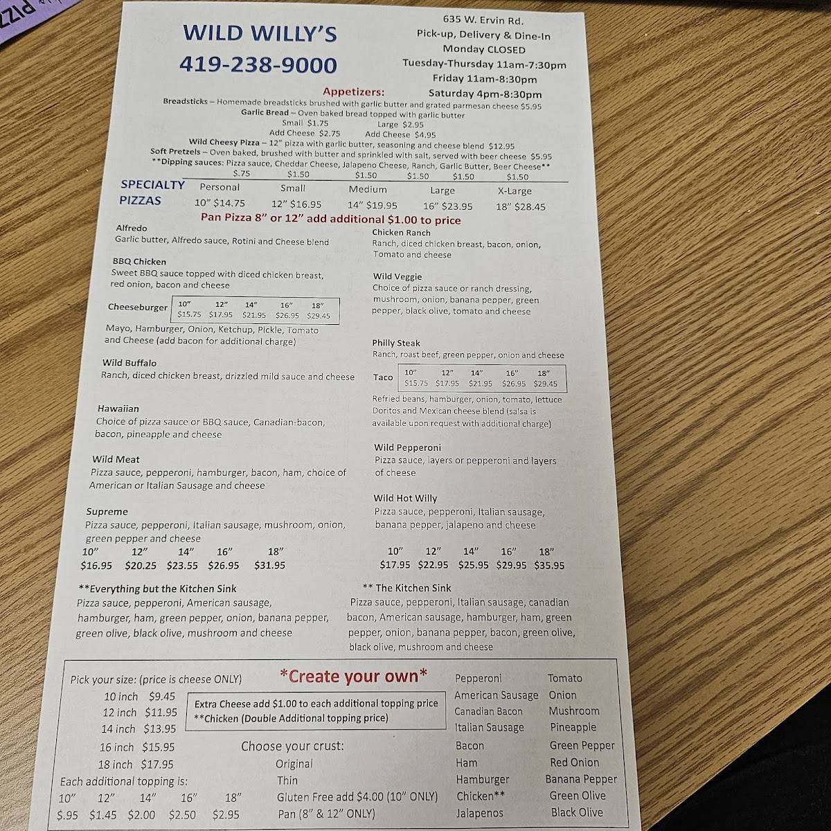 Menu at Wild Willy's pizzeria, Van Wert