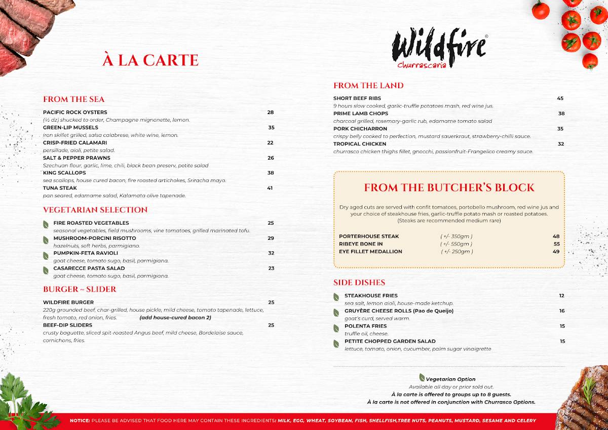 Menu at Wildfire Restaurant Wellington, Wellington