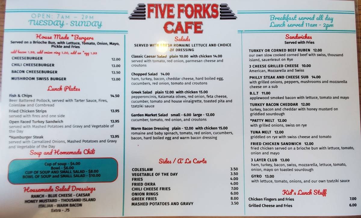 Menu at Five Forks Cafe, Williamsburg, John Tyler Hwy