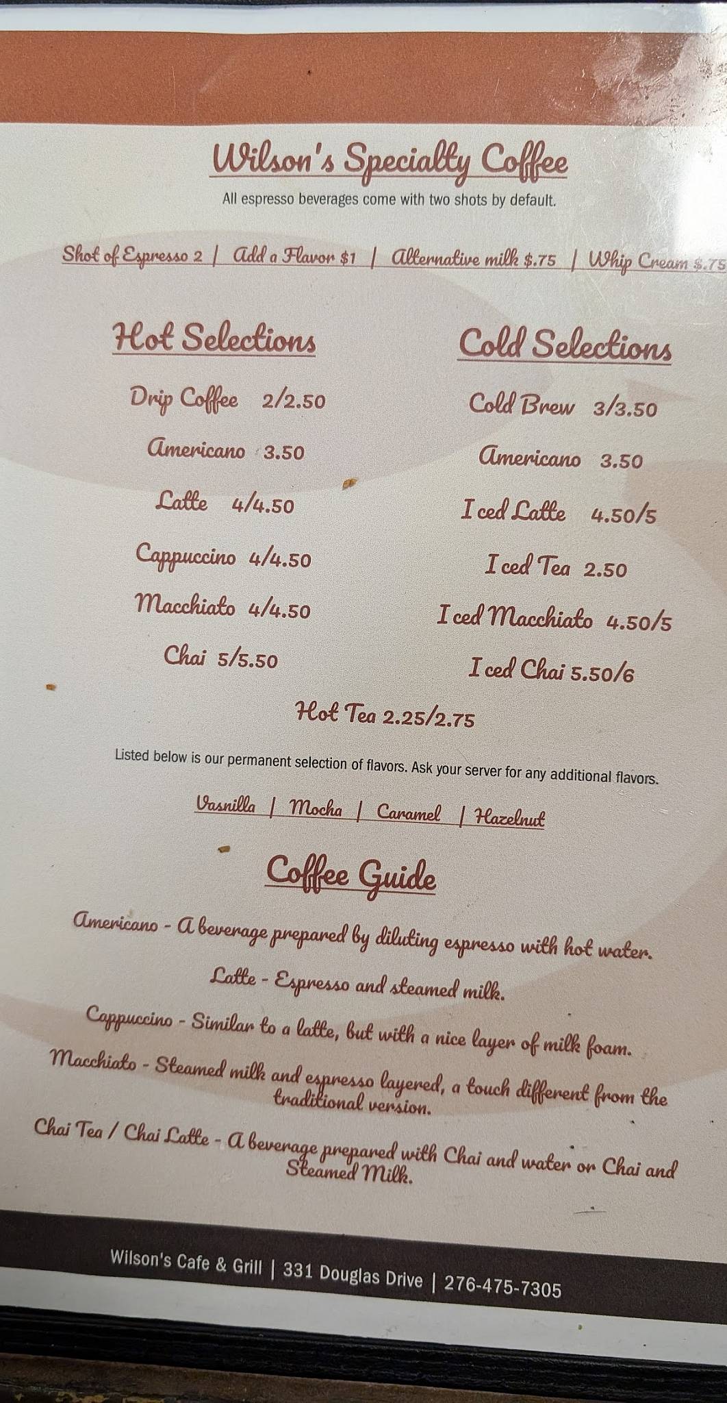 Menu at Wilson's Cafe and Grill, Damascus