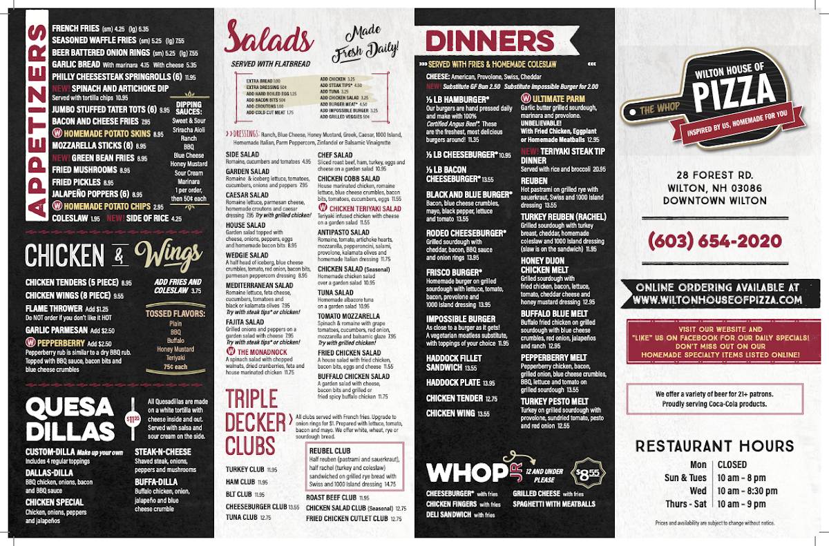 Menu at Wilton House of Pizza pizzeria, Wilton