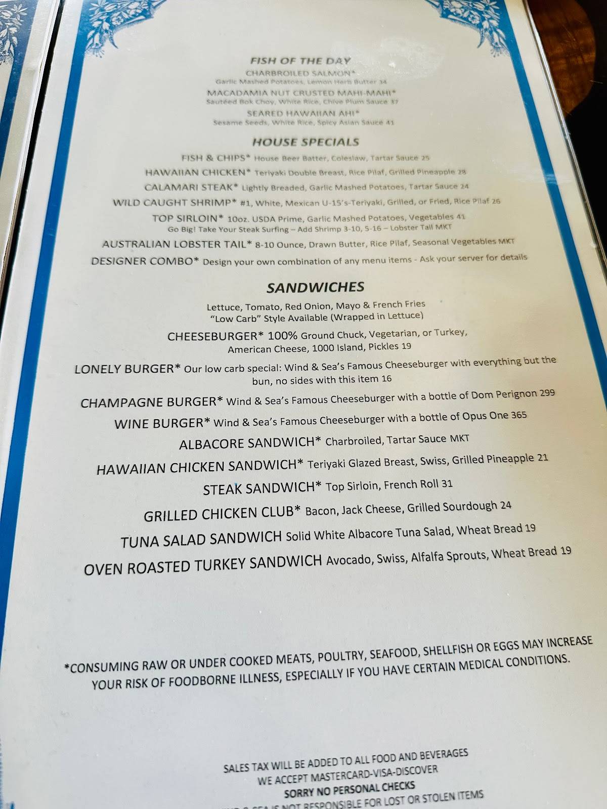 Menu at Wind & Sea Restaurant, Dana Point