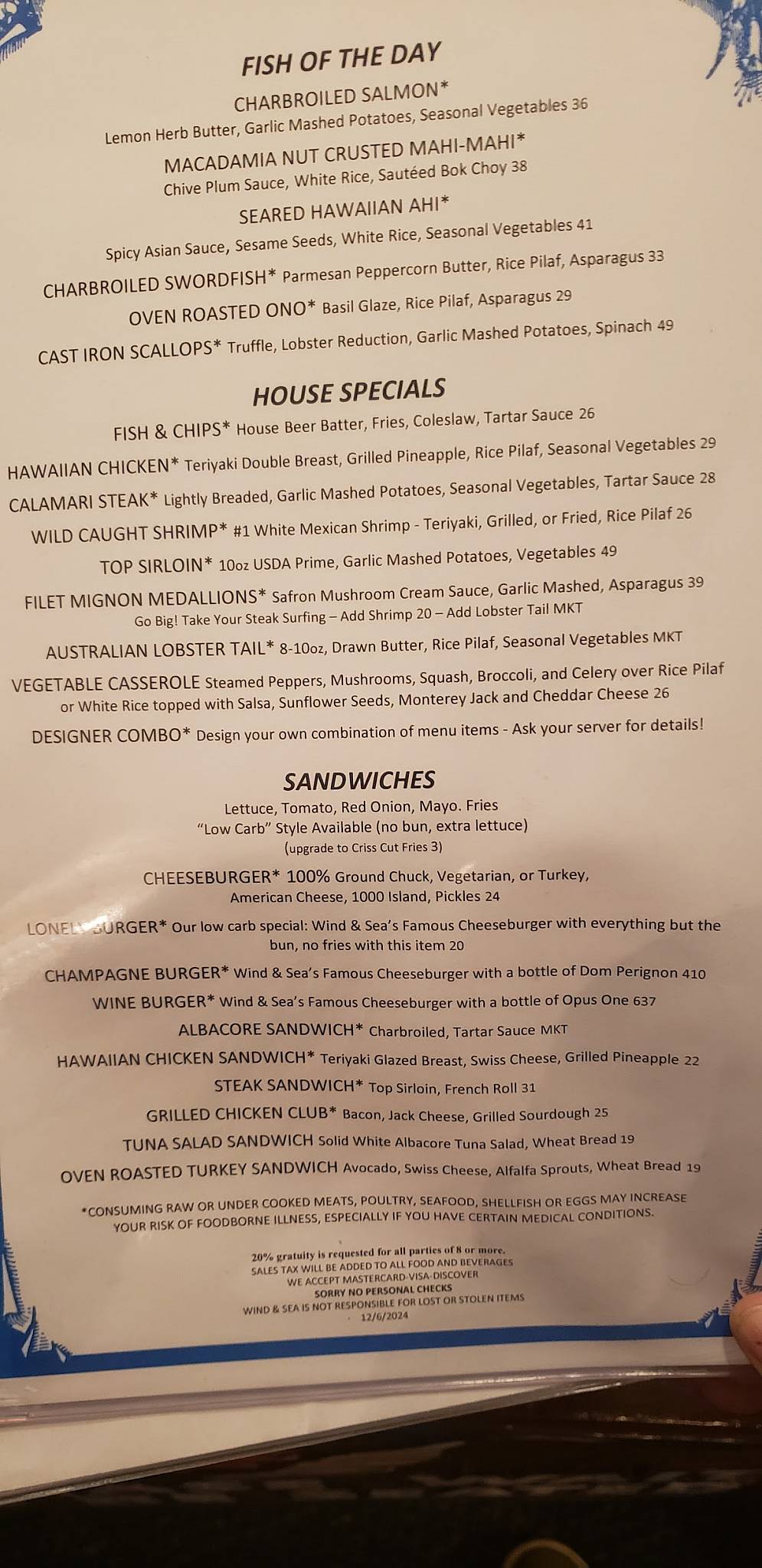 Menu at Wind & Sea Restaurant, Dana Point