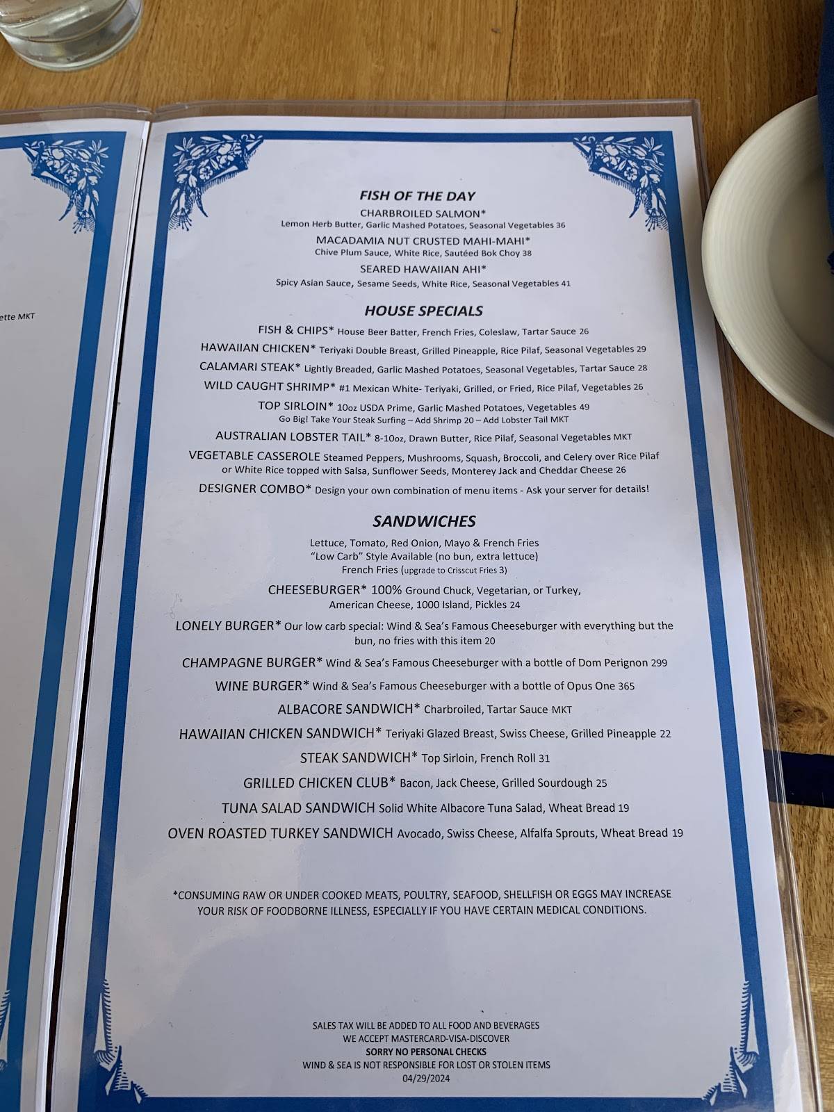 Menu at Wind & Sea Restaurant, Dana Point