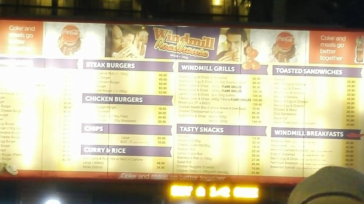 Menu at Windmill Roadhouse restaurant, East London