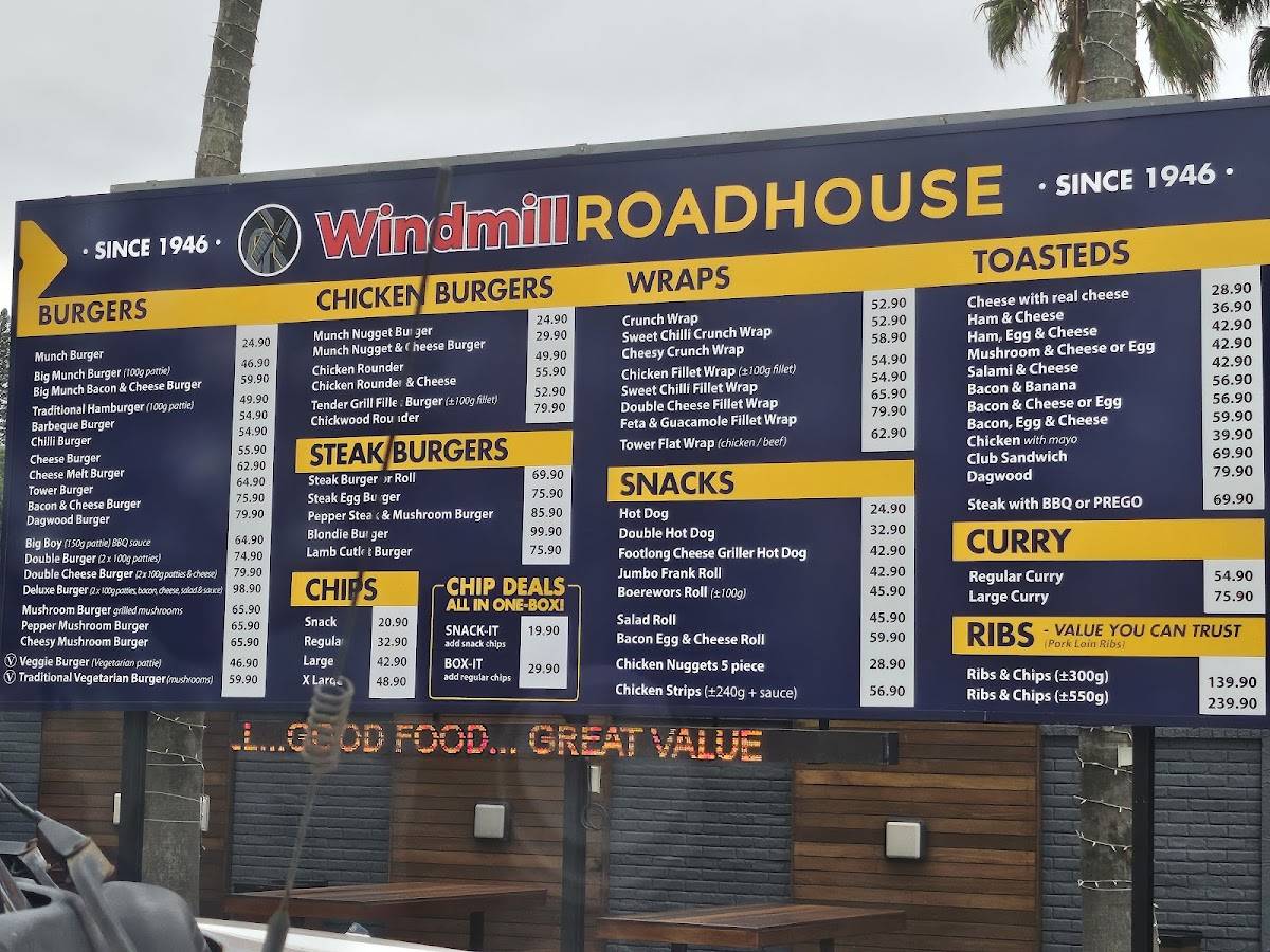 Menu at Windmill Roadhouse restaurant, East London