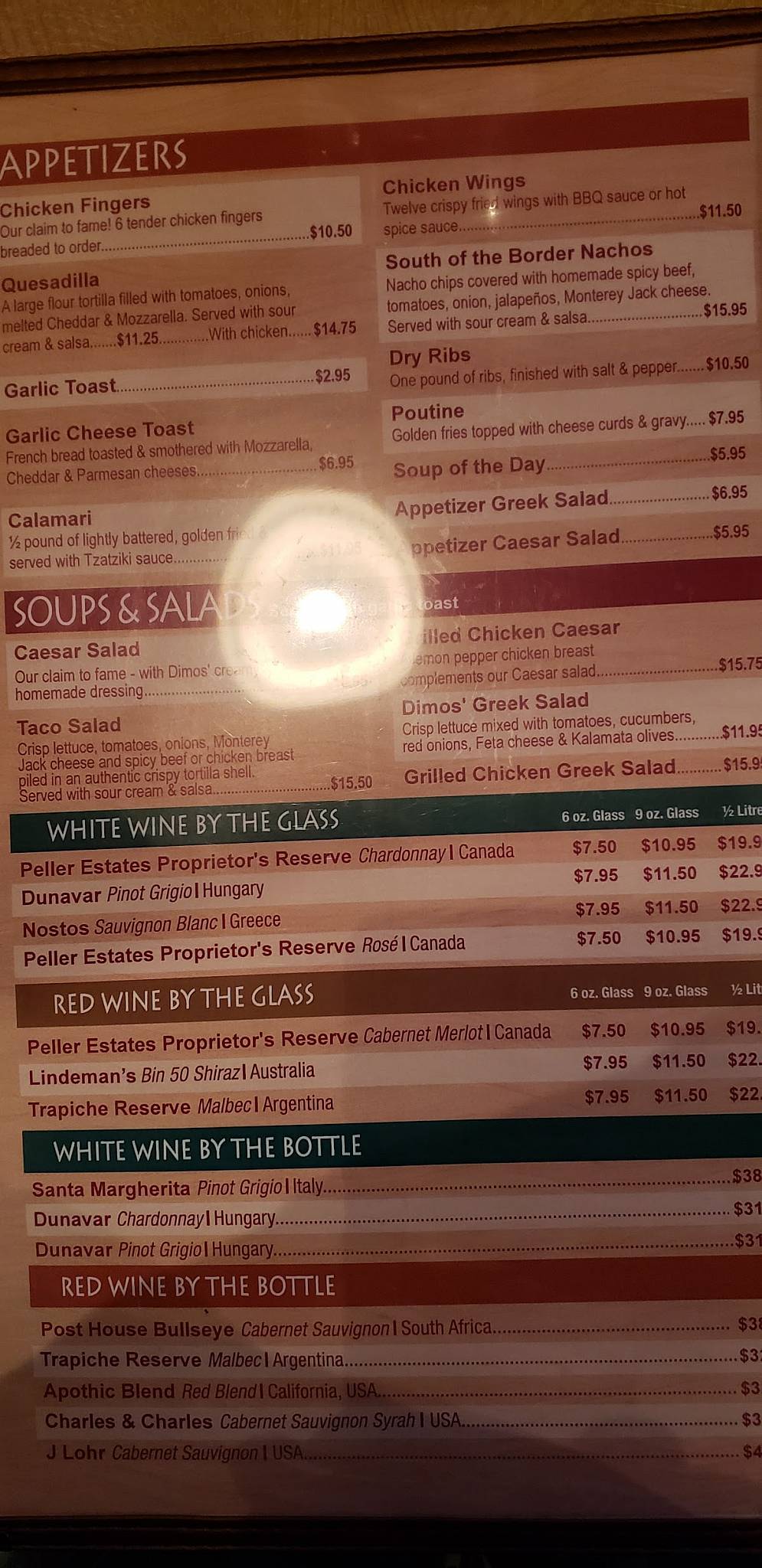 Menu at Bellamy's Restaurant & Bar, Winnipeg
