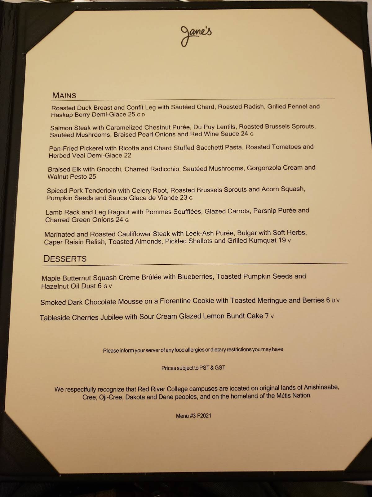 Menu at Jane's restaurant, Winnipeg
