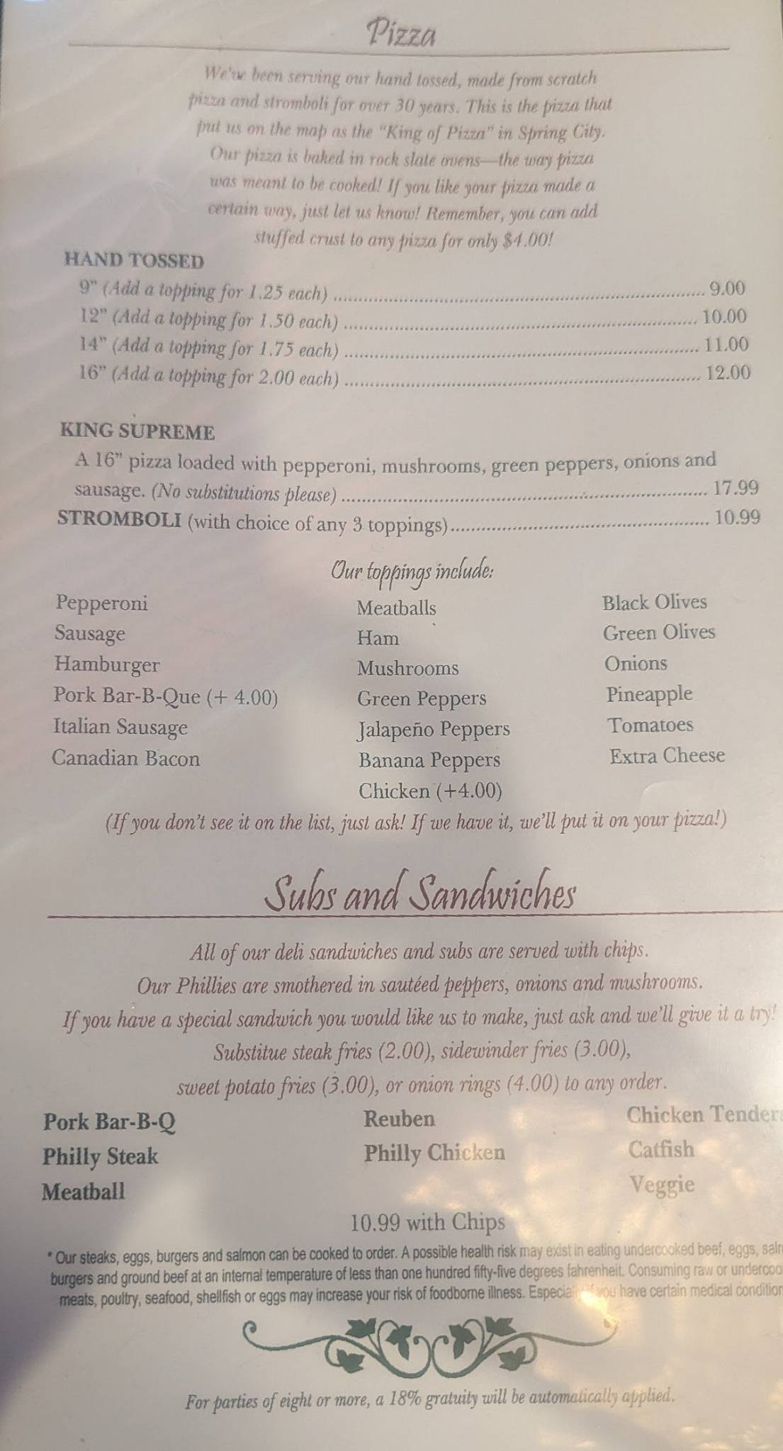 Menu at Winstead's American Grill & King of Pizza pizzeria, Spring City ...