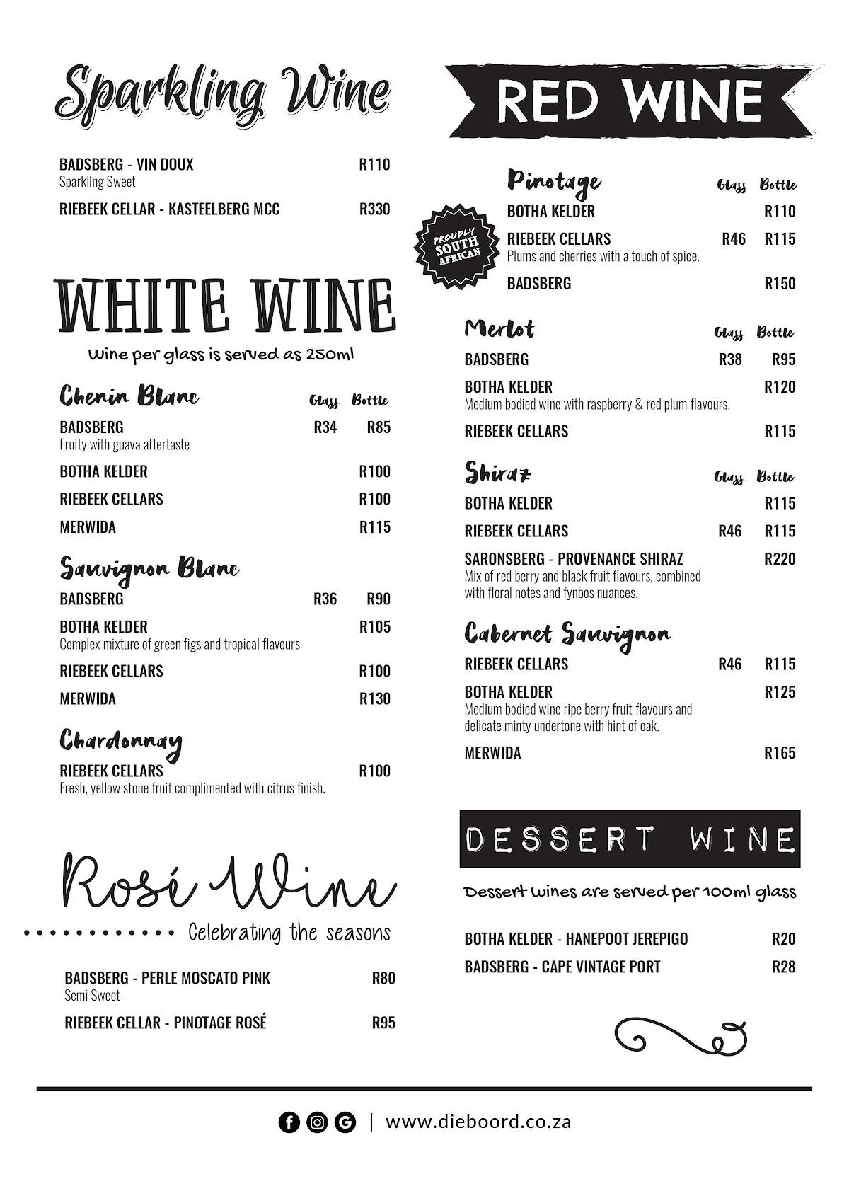 Menu at Die Boord Restaurant & Farmstall, Wolseley