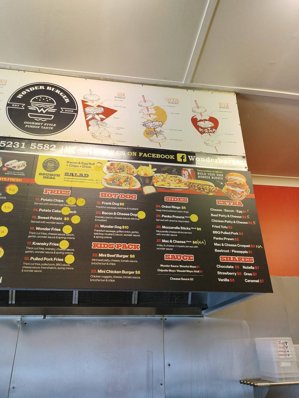 Carta del restaurante Wonder Burger, Colac