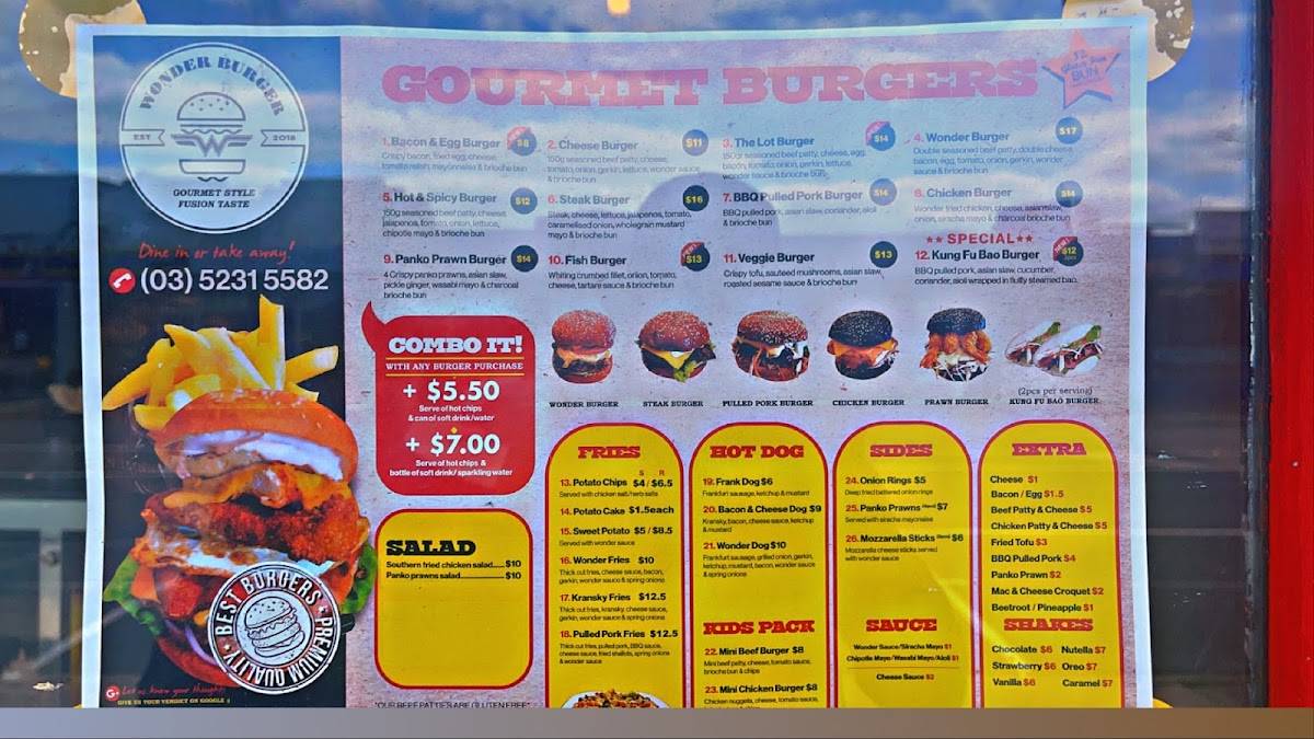 Menu at Wonder Burger restaurant, Colac