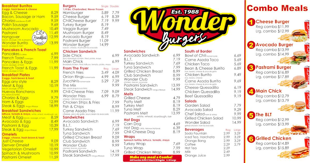 Menu at Wonder Burgers restaurant, Pasadena