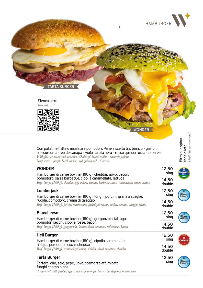 Menu at Wonder Cafe Hamburgeria, Bellano