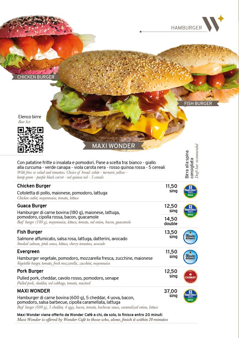 Menu at Wonder Cafe Hamburgeria, Bellano