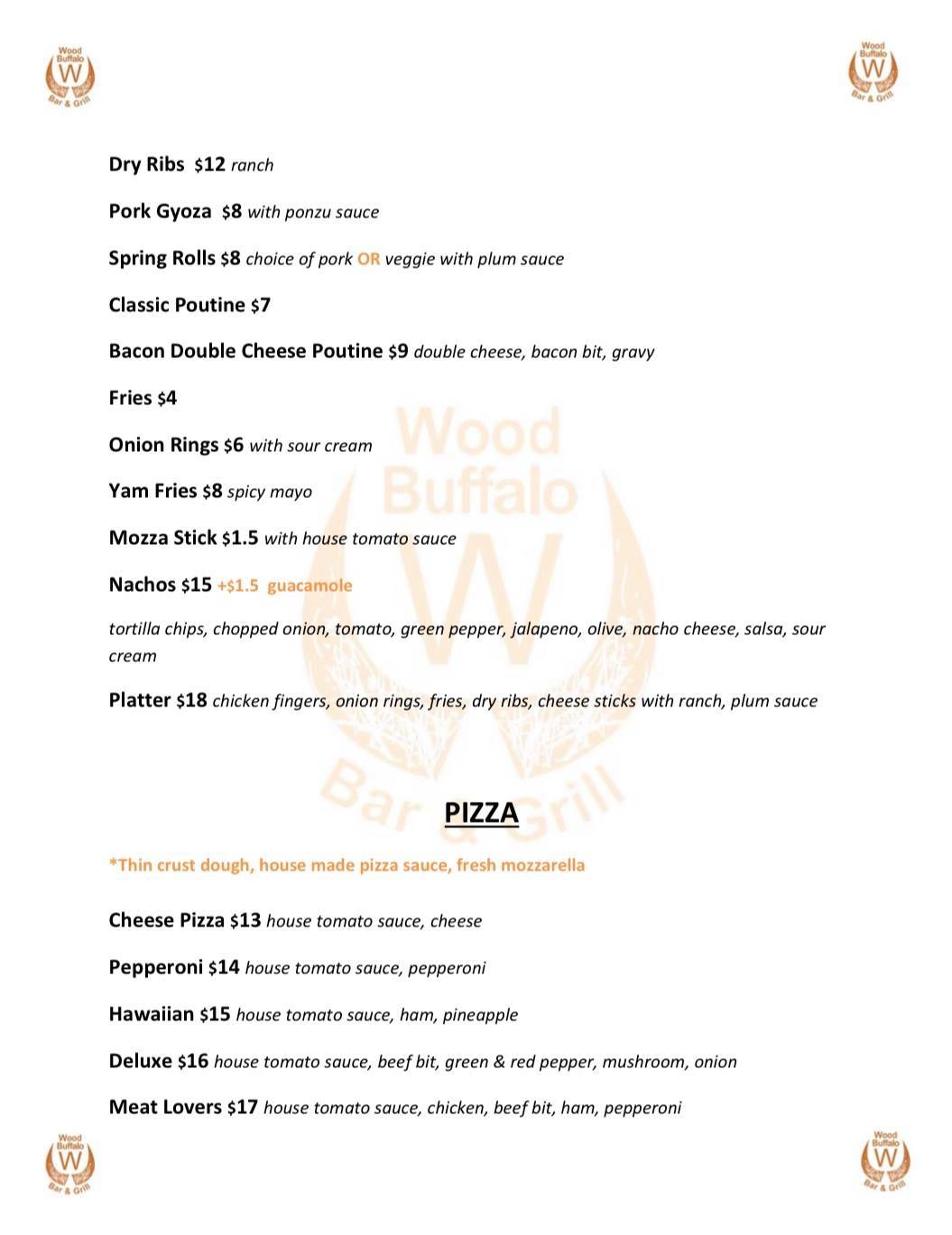 Menu at Wood Buffalo Bar & Grill, Wabasca-Desmarais