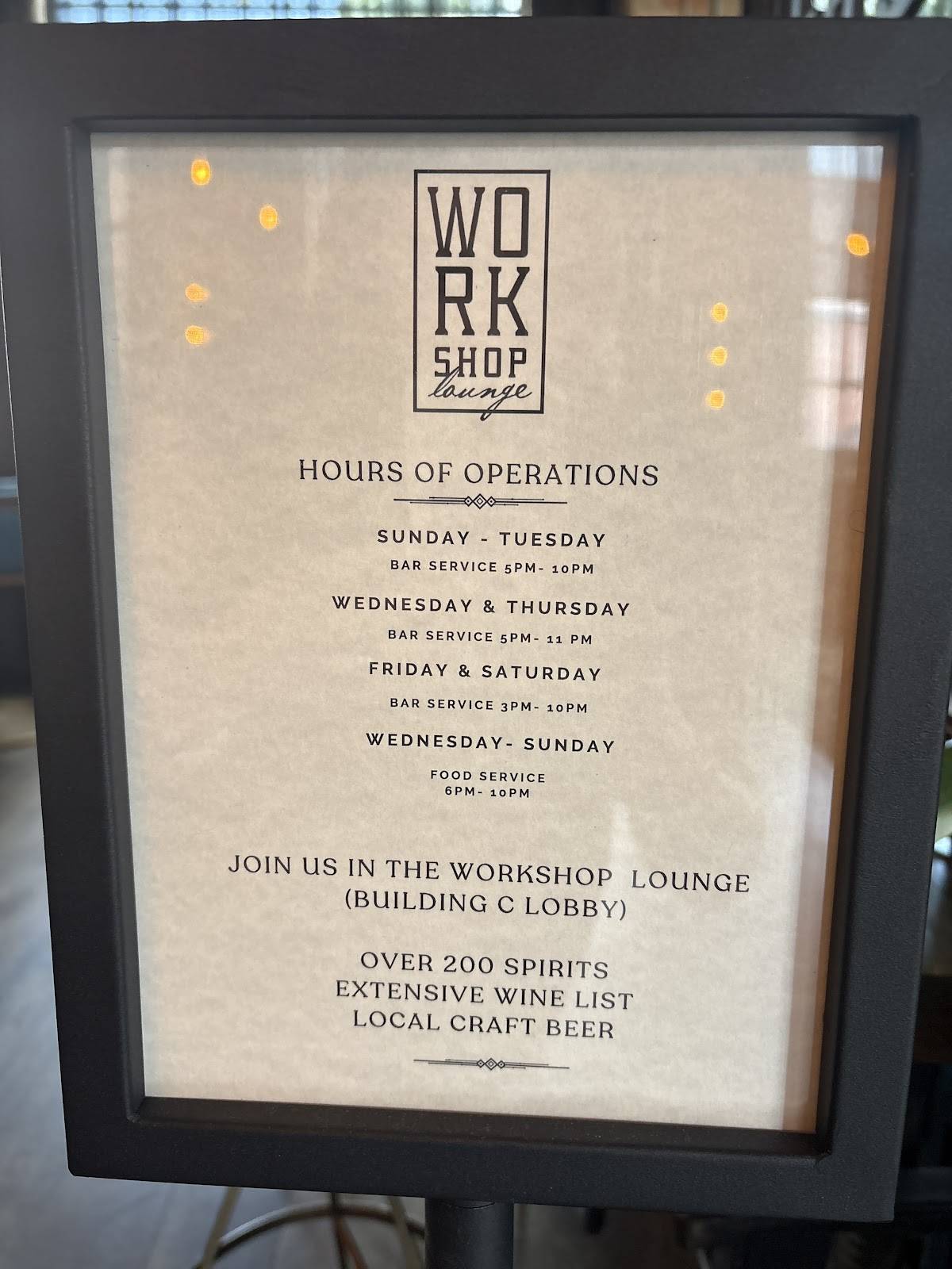 Menu at Workshop Lounge pub & bar, Asheville