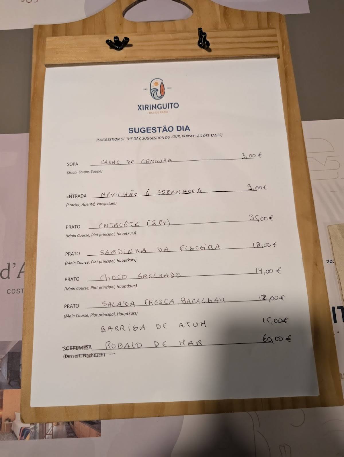 Menu em Xiringuito - Bar de Praia, Figueira da Foz