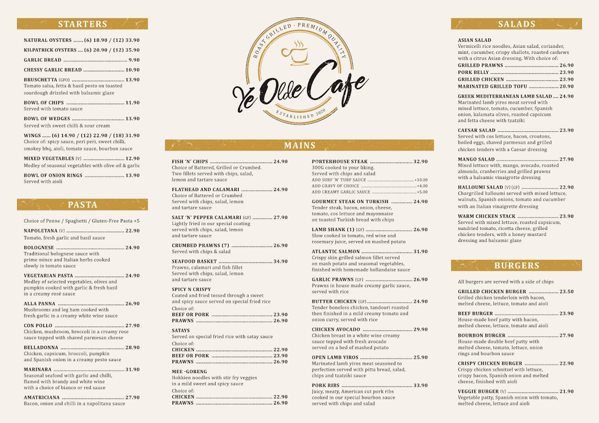 Menu at YE OLDE CAFE MOONTA BAY, Moonta Bay
