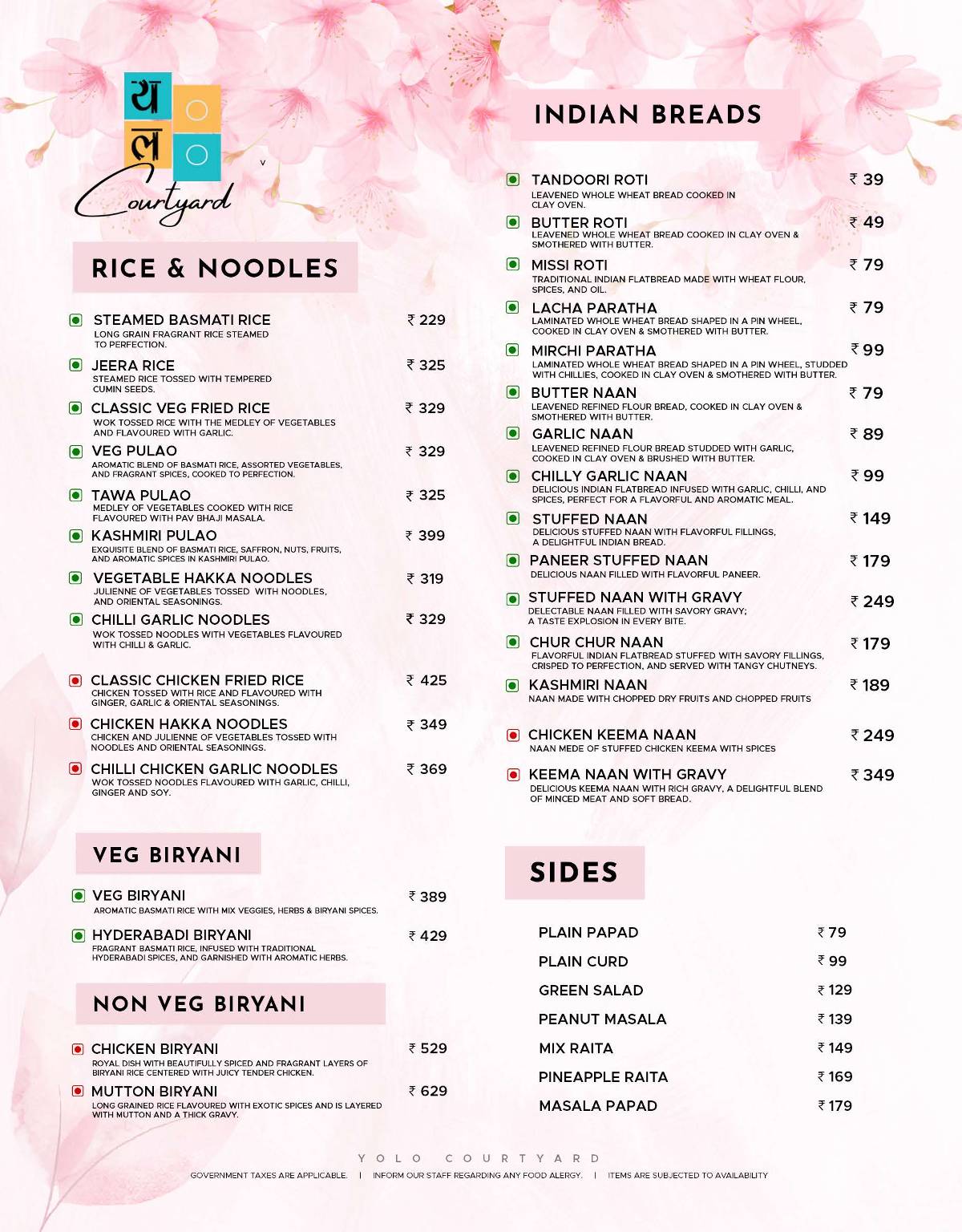 Menu at YOLO Courtyard, Amritsar