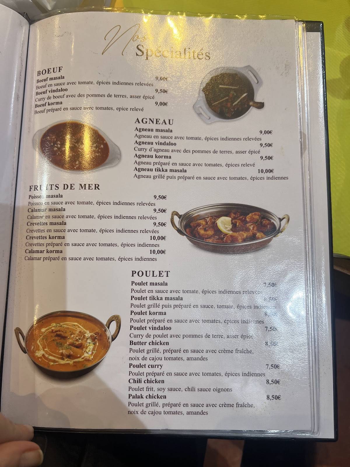 Carta de Yaal Restaurant Indien, Louvres