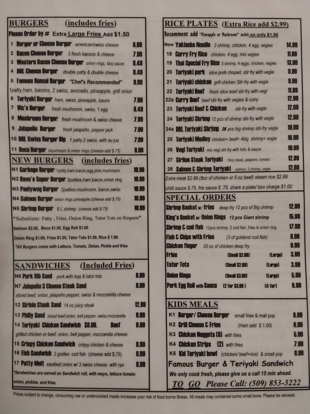Menu at Famous Burger & Teriyaki Sandwich restaurant, Yakima