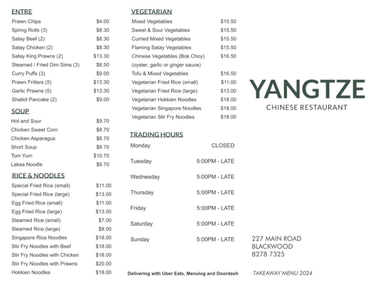 Menu at Yangtze Chinese Restaurant, Blackwood