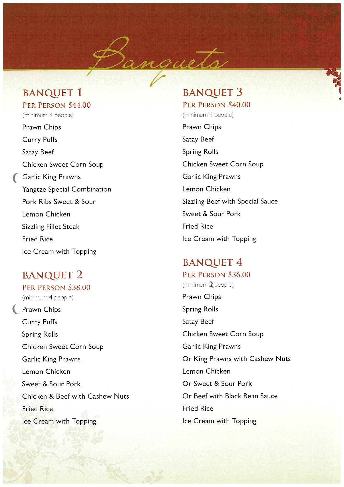 Menu at Yangtze Chinese Restaurant, Blackwood