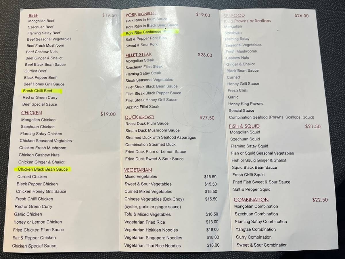 Menu at Yangtze Chinese Restaurant, Blackwood