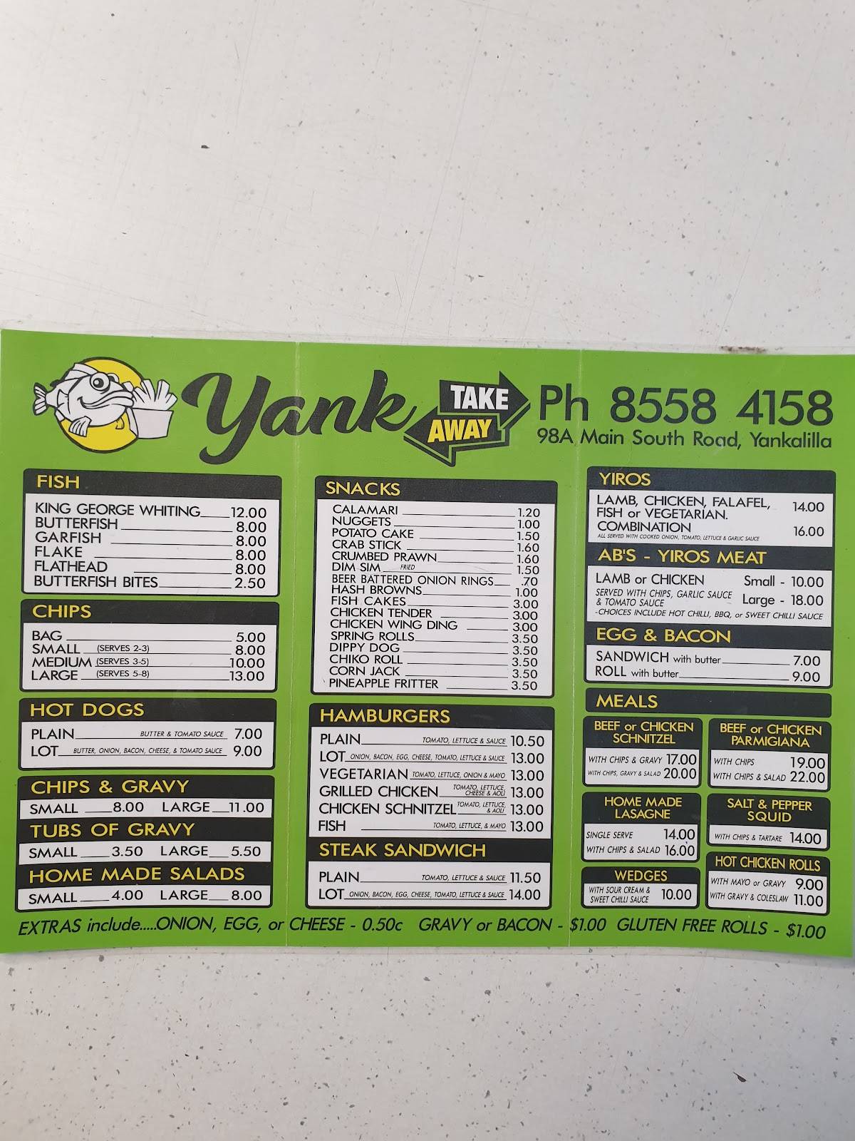 Menu at Yank takeaway fast food, Yankalilla