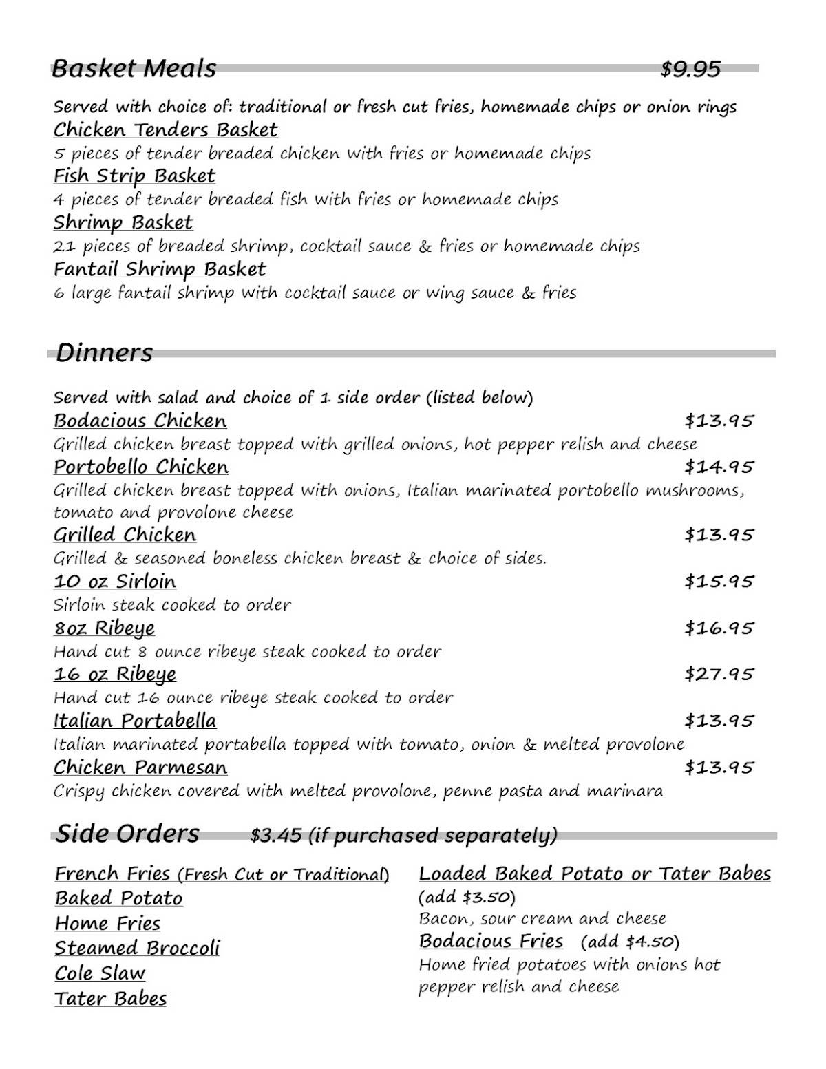Menu at Yankee Lake restaurant, Yankee Lake