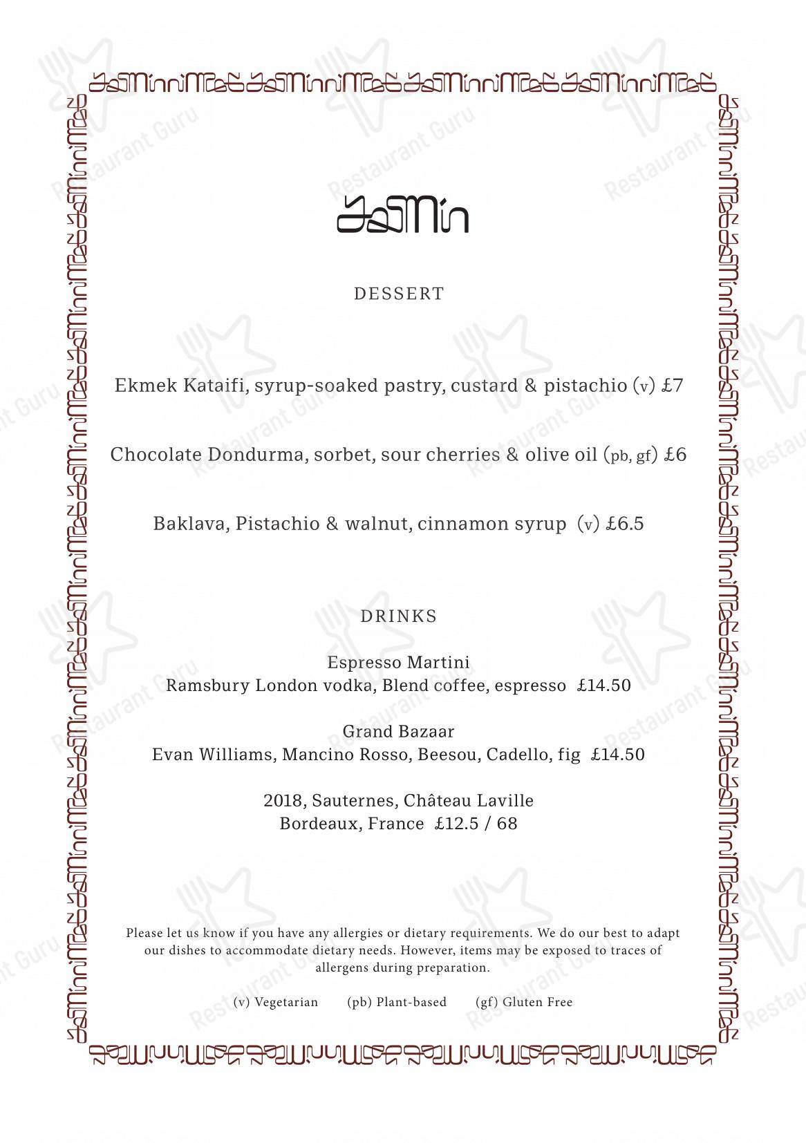Menu at Yasmin Soho restaurant, London