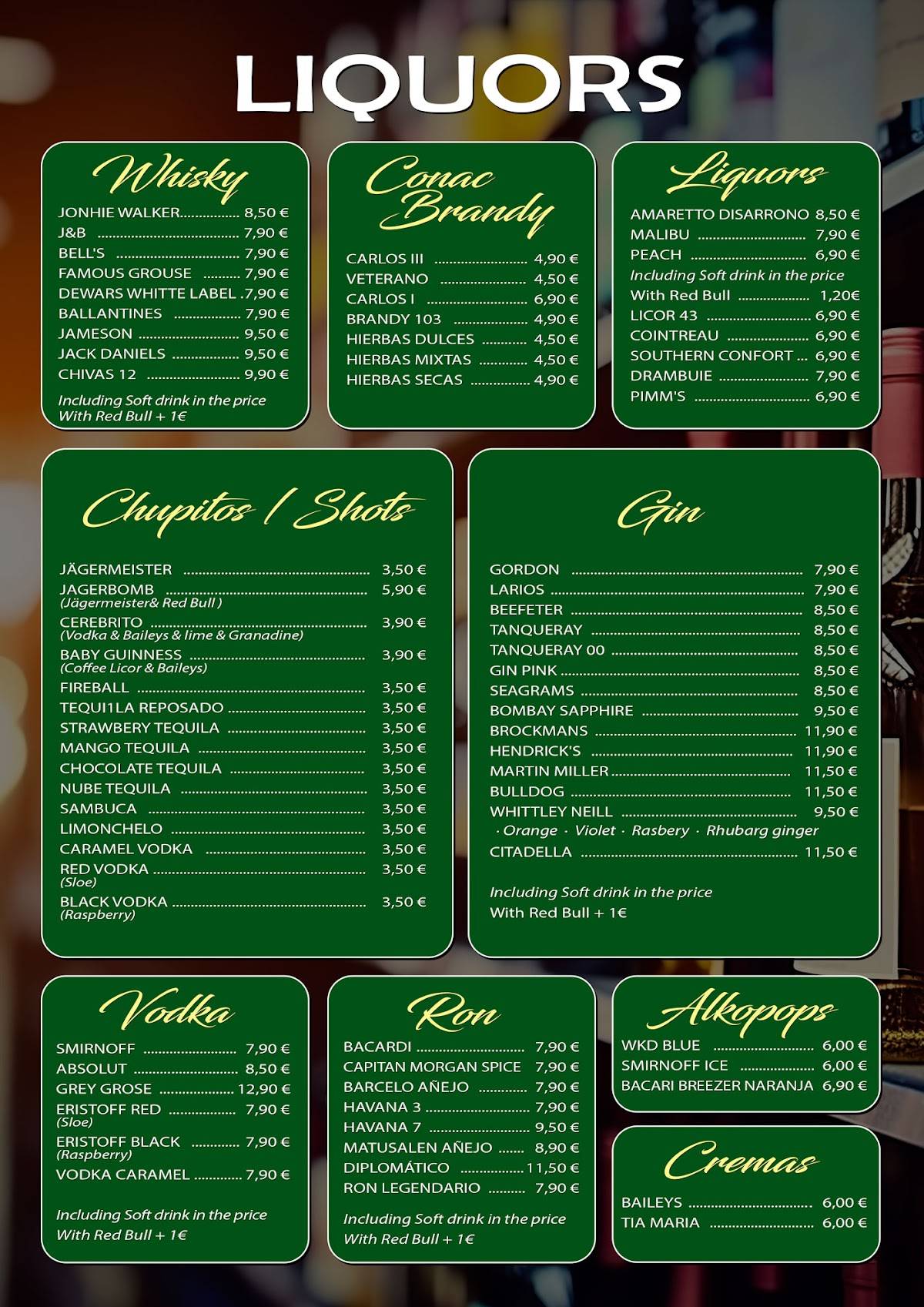 Menu at Yates's pub & bar, Cala D'or, C. de sa Marina