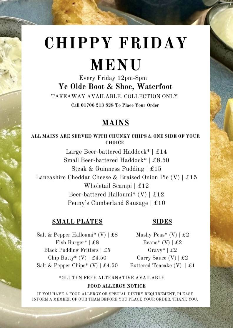 Menu at Ye Olde Boot & Shoe pub & bar, Waterfoot