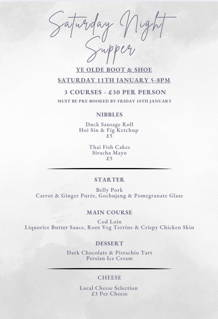 Menu at Ye Olde Boot & Shoe pub & bar, Waterfoot